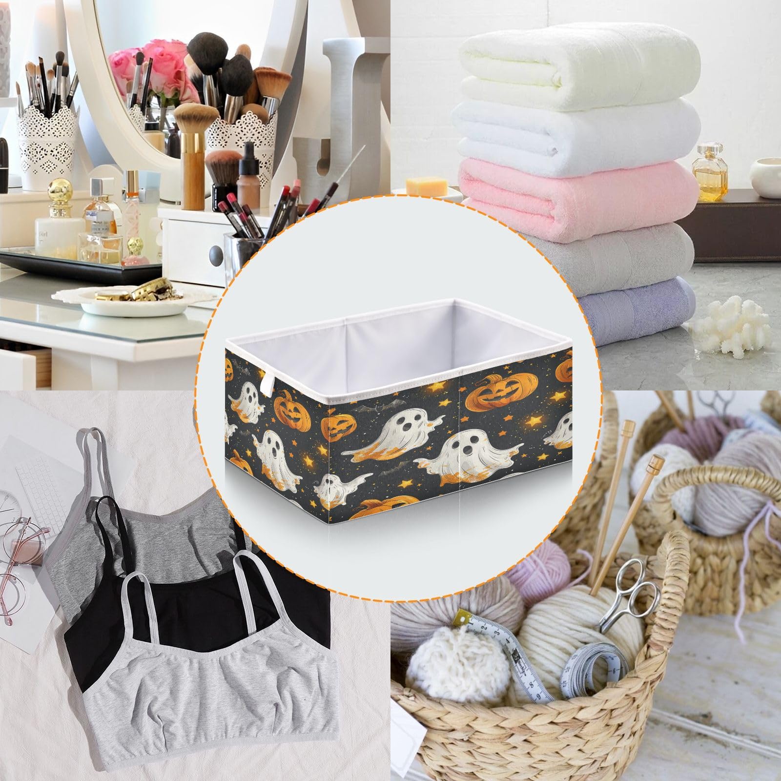 Jthubd Halloween Boo Storage Bin with Handles 11x11x11 Inch Foldable Cube Storage Basket Fabric Storage Box Closet Organizer Collapsible Toy Clothes Nursery Basket, 1 Pack