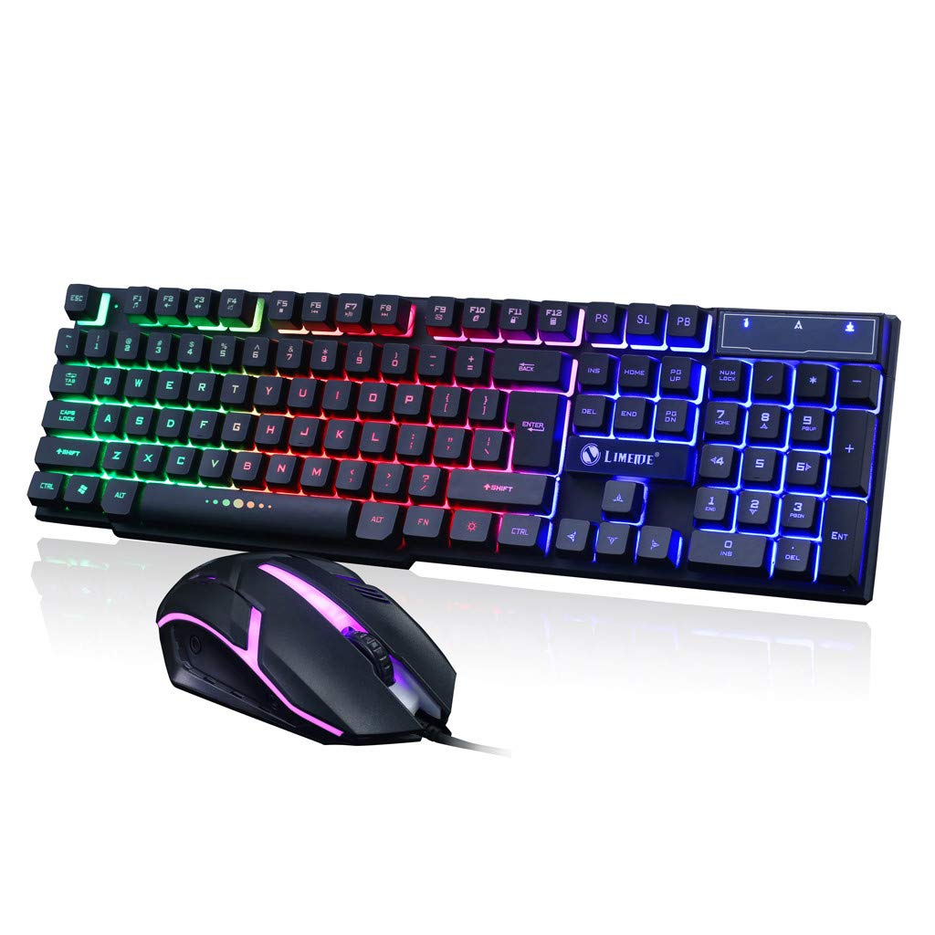 EDTO Gaming Keyboard Mouse Set,GT300 Colorful LED Illuminated Backlit USB Wired PC Rainbow Gaming Keyboard Mouse Set (Black,White) (Black)