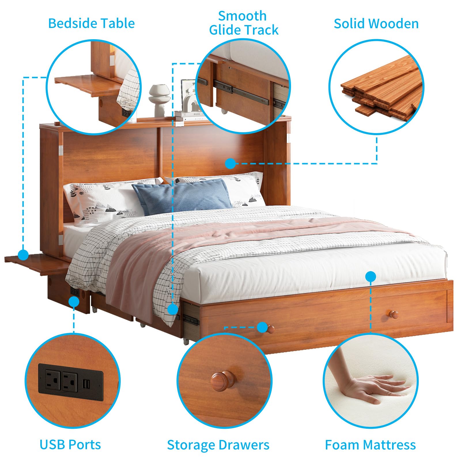 Mjkone Murphy Bed Cabinet with Built-in Charging Station for Guest Room, Home, Office