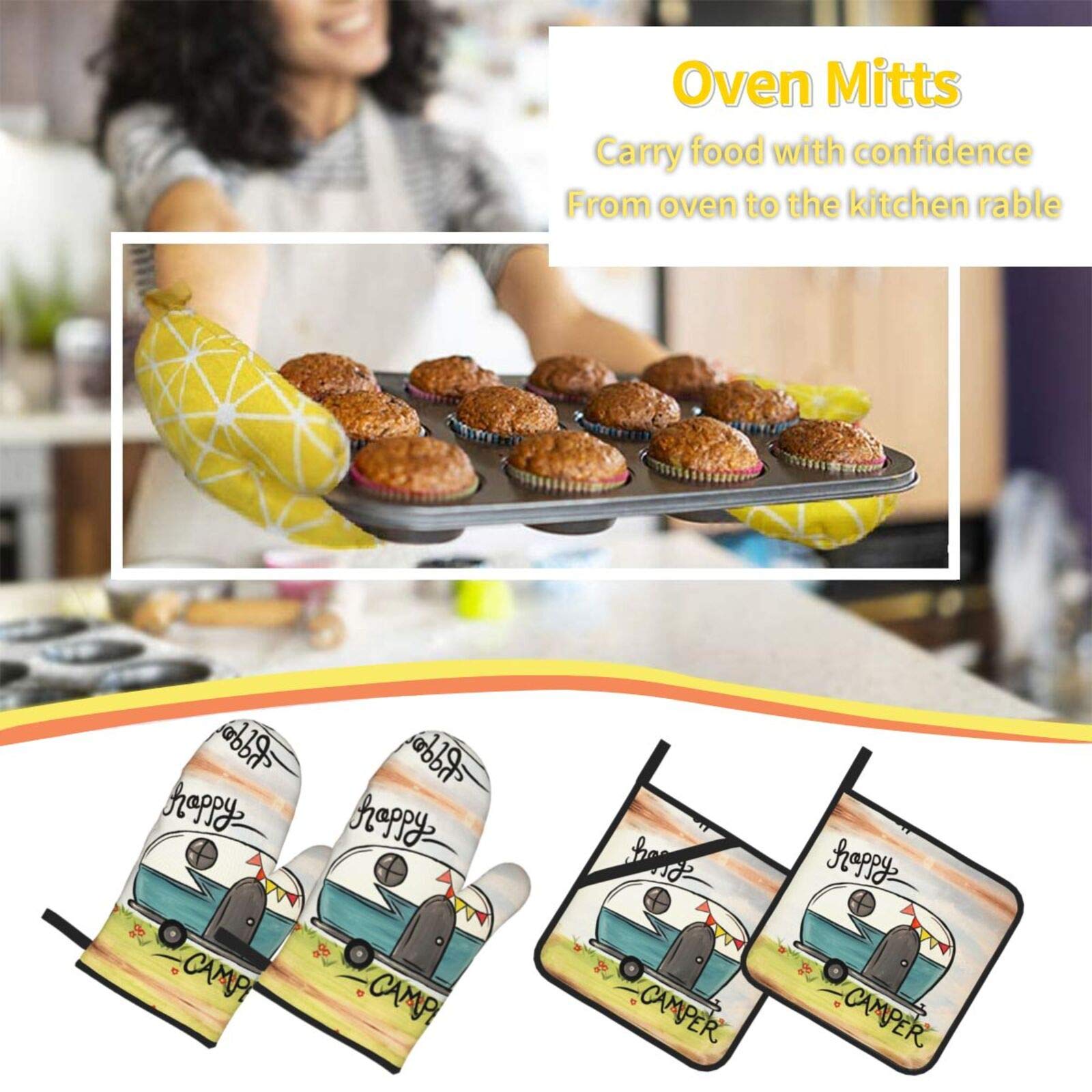 Happy Camper Oven Mitts and Pot Holders Sets of 4,Resistant Hot Pads with Polyester Non-Slip BBQ Gloves for Kitchen,Cooking,Baking,Grilling