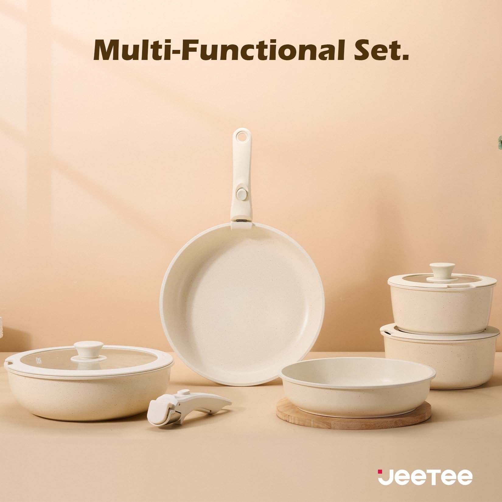 JEETEE Pots and Pans Set Non Stick 24pcs, Kitchen Cookware Sets with Detachable Handle, Induction Nonstick Cookware Set with Removable Handle, Stackable RV Cookware, Oven Safe, PFOA Free, Black