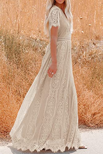PRETTYGARDEN Women's Floral Lace Maxi Dress 2023 Short Sleeve V Neck Bridesmaid Wedding Evening Party Dresses (Apricot,Medium)