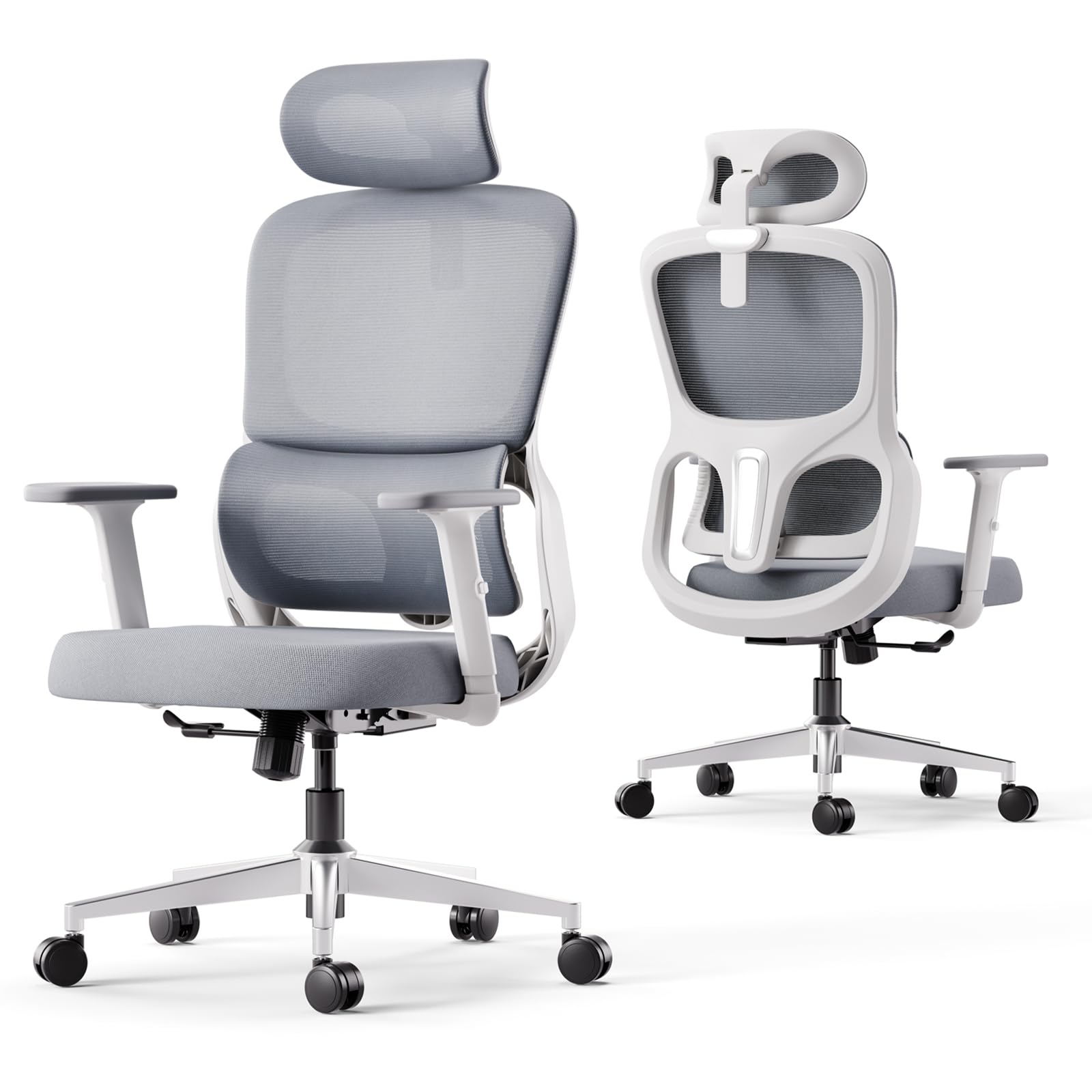 Hbada P2 Ergonomic Office Chair with 3D Lumbar Support, Big and Tall Mesh Chairs with Adjustable 3D Arms, Headrest & Comfortable Seat, Home Office Desk Chair, White