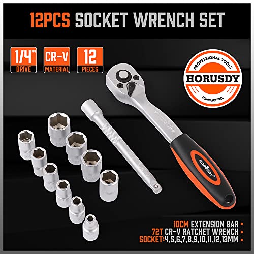 HORUSDY 12-Pieces 1/4β Ratchet Socket Wrench Set, Drive Socket Set, 4mm -13mm Sockets and, Quick Released Ratchet Handle and 10 cm Extension Bar