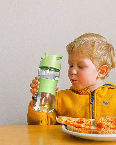 Sivphe Kids Water Bottle with Straw 12oz Leakproof Little School Small Tritan Plastic Drinking Bottle for Boys and Girls Indoor and Outdoor(Green)