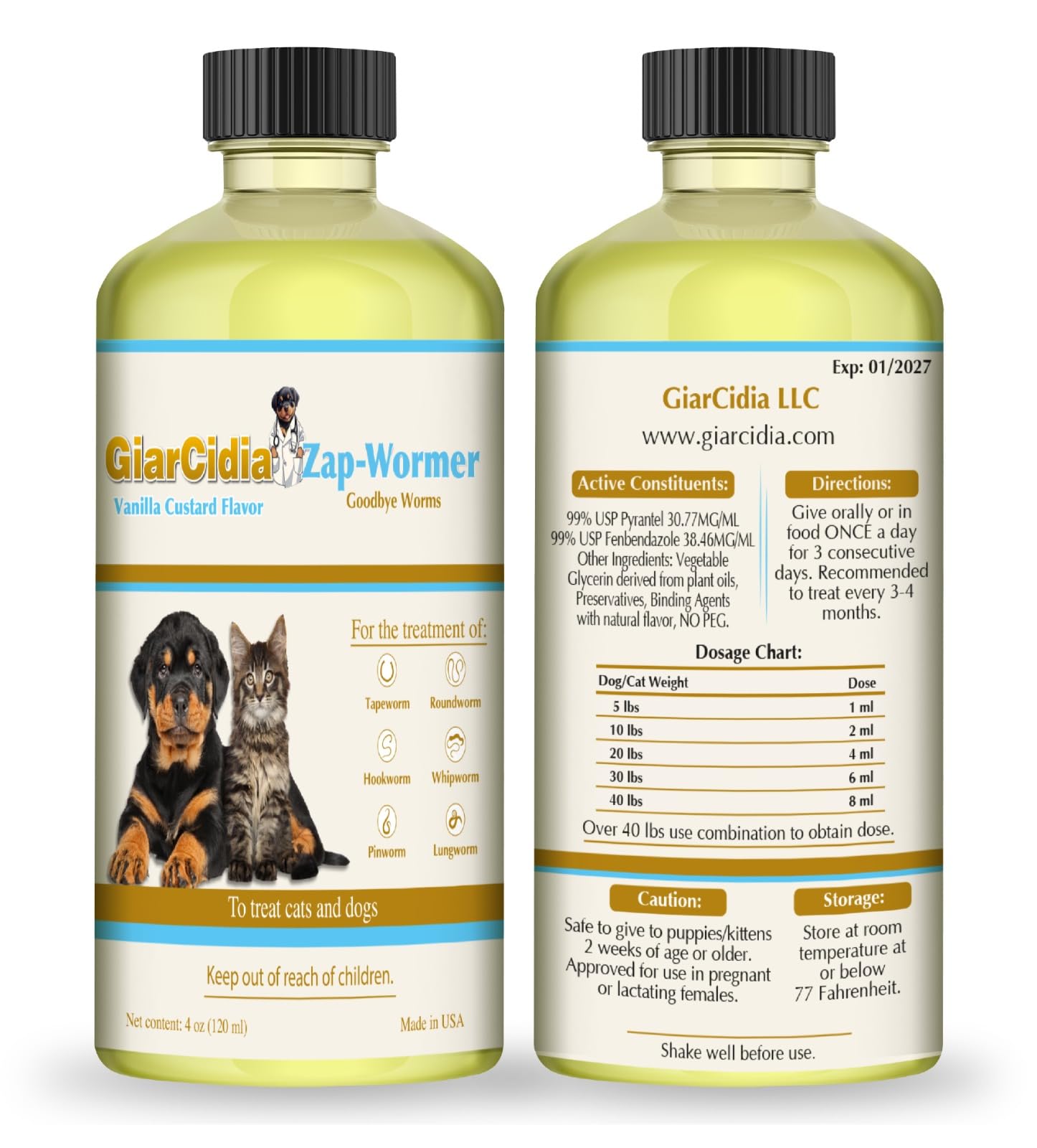 Giarcidia Say Goodbye to Tape Worm - Hook Worm - Pin Worm - Whip Worm - Round Worm - Lung Worm, Liquid, 4 oz - 3ml Dropper with Cap