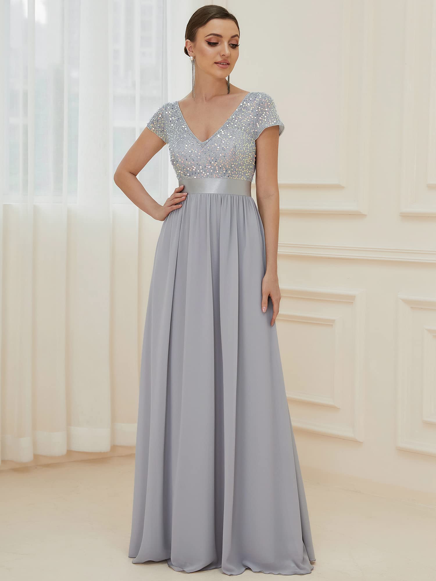 Ever-Pretty Women's Sequin V-Neck A-line Short Sleeves Empire Waist Maxi Evening Party Dress Silver US16