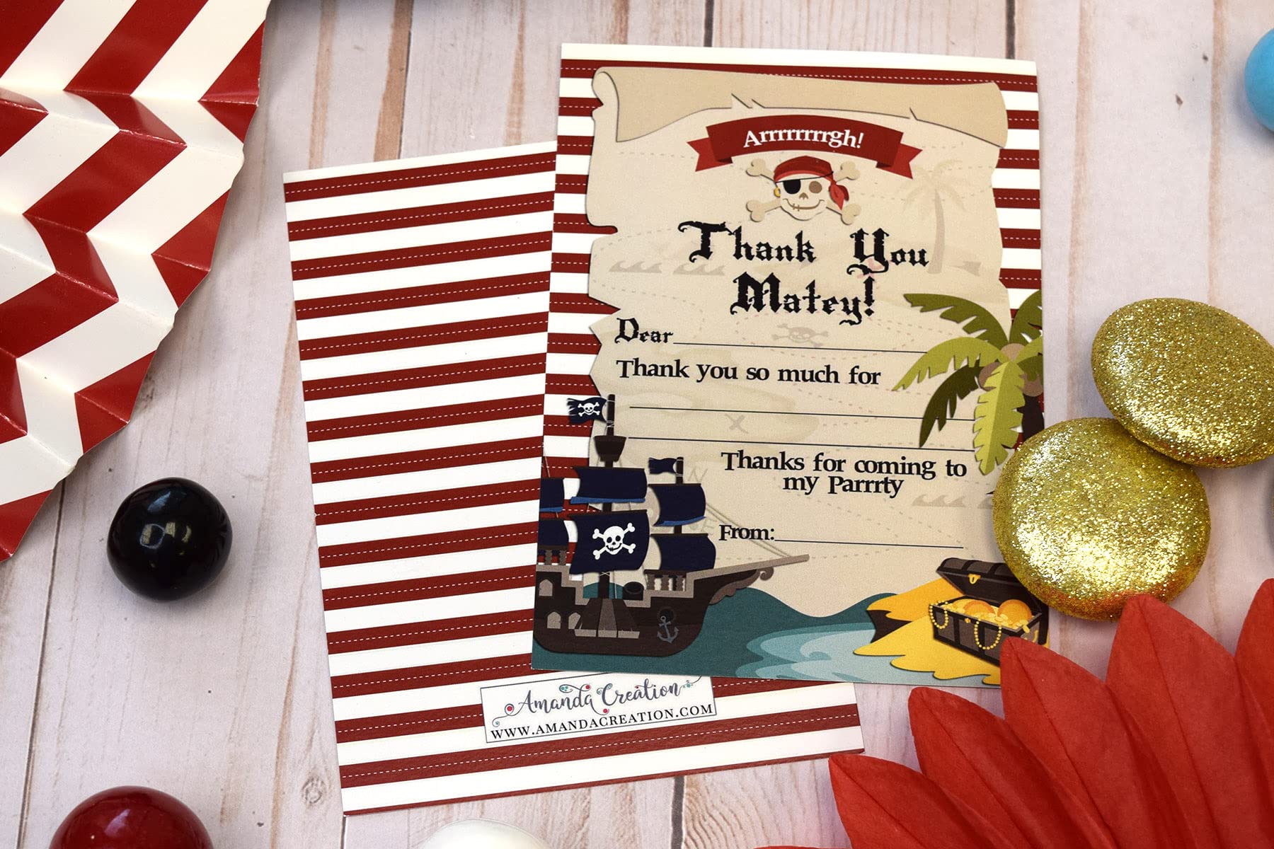 Pirate Treasure Map Birthday Thank You Notes, Ten 4" x 5.5" Fill In The Blank Cards with 10 White Envelopes by AmandaCreation
