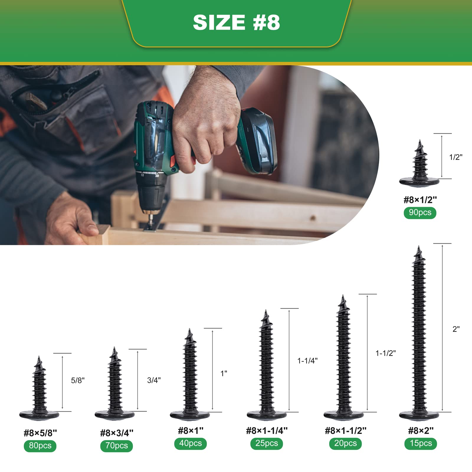 FOLIV 340PCS Black Wood Screws, 8 Phillips Modified Truss Head Self Tapping Screws Kit, Black Phosphate Steel, 7 Length Included