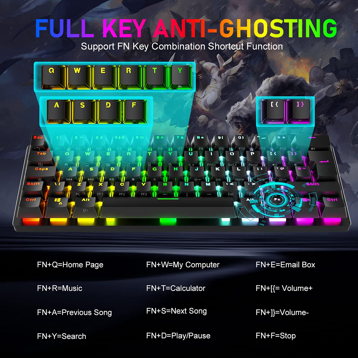 Compact 60% Mechanical Gaming Keyboard with Ergonomic Anti-ghosting Mini 61 Key Layout Rainbow RGB Backlight Waterproof Metal Plate Type-C USB Wired for PC Mac Gamer Office Typist (Black/Brown Switch)