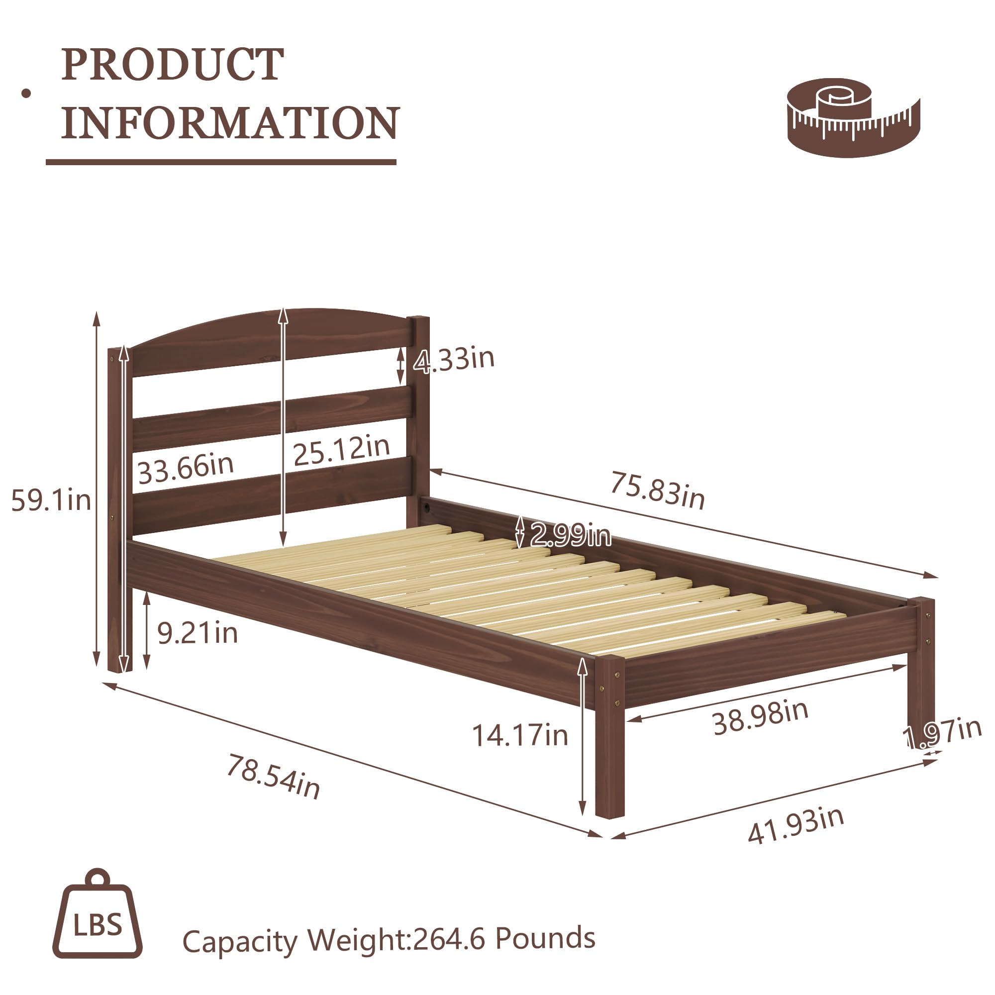 KYLE & KAY Twin Bed Frame with Wooden Headboard, Solid Pine Platform Bed with Wood Slat Support, Farmhouse Bed for Bedroom, Guest Room, No Box Spring Needed, Easy Assembly, Mahogany