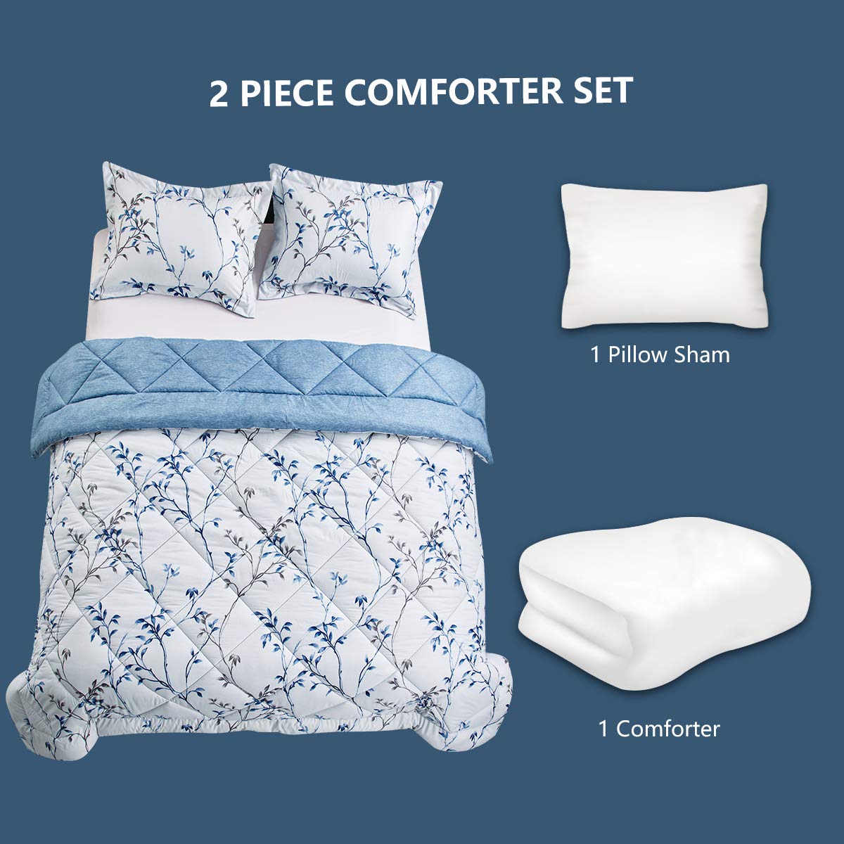 CozyLux Twin 2 Pieces Printed Comforter Set for Kids with Orchid Floral Pattern Lightweight Soft Down Alternative Duvet Insert - Fluffy Microfiber Bed Set for All Season, Blue Flower