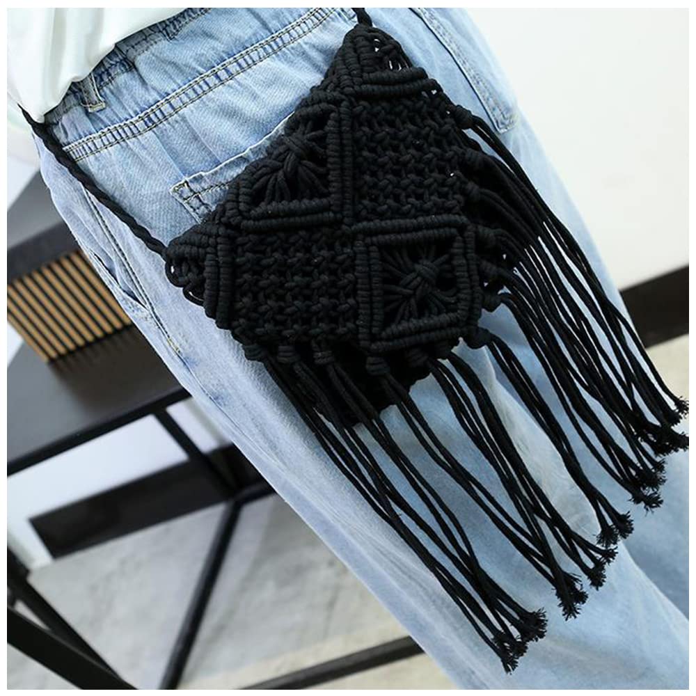 QTKJ Women's Crochet Square Crossbody Bag Hand-Woven Boho Tassels Summer Beach Cotton Messenger Shoulder Bag with Zipper (Black)