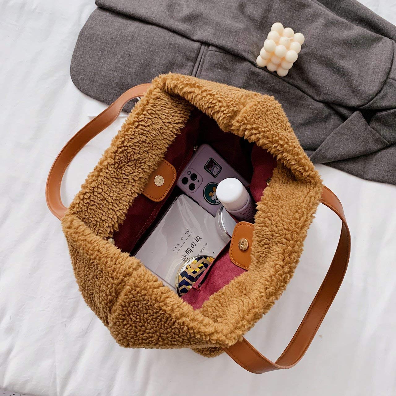 QTMY Faux Fur Tote Bag, Cute Bear Purse Handbag for Women (Light Brown)