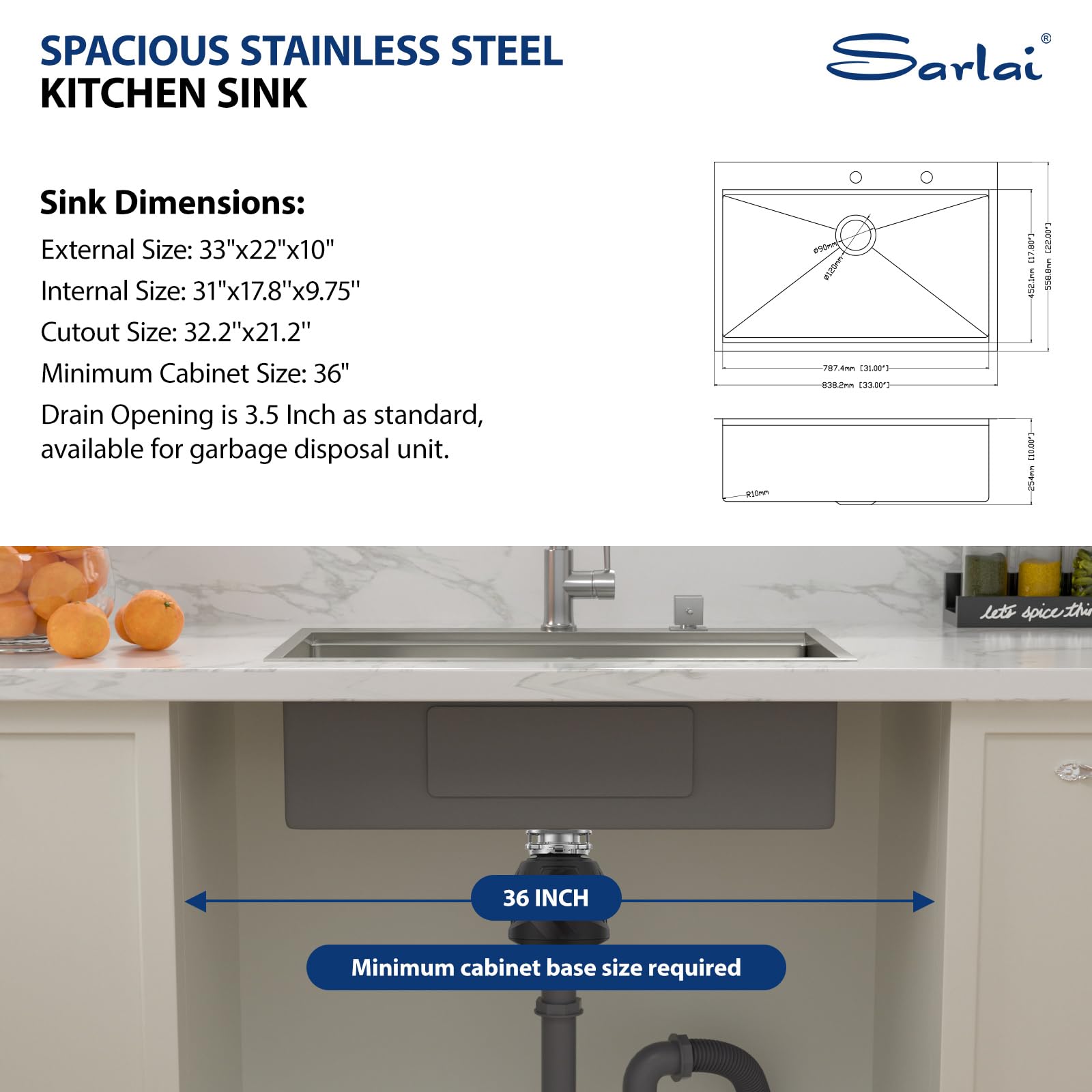 Sarlai Drop In Kitchen Sink - 33x22 Drop In Kitchen Sink Ledge Workstation 16 Gauge Stainless Steel Topmount Deep Single Bowl Over Counter Kitchen Sinks Basin Round Corners