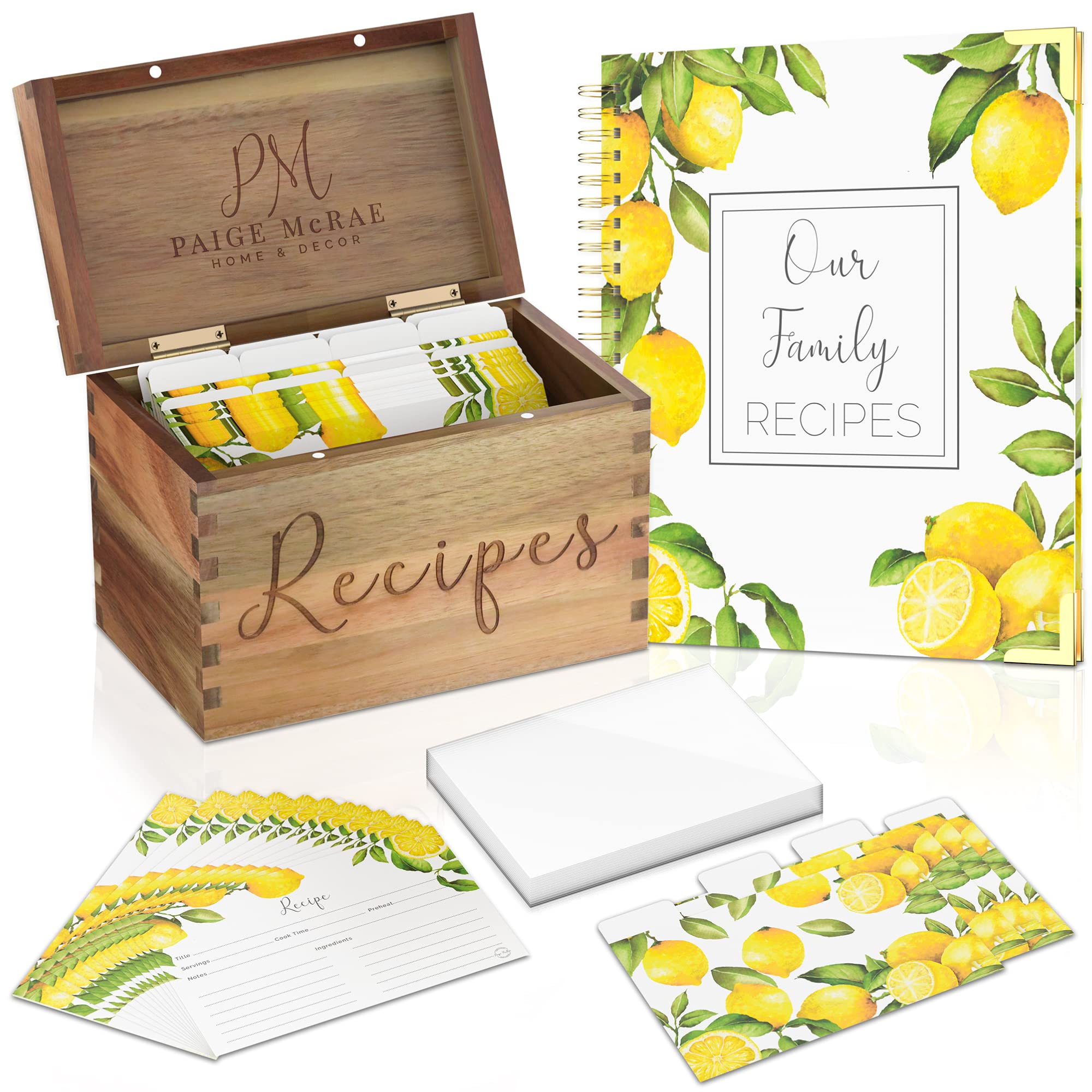 Recipe Box With Cards And Dividers - 50 4x6 Lemon Recipe Cards, Covers & Personalized DIY Book - Large 5x7 Acacia Wooden Recipe Card Holder Set - Engraved Farmhouse Wood Boxes & Organizer for Recipes