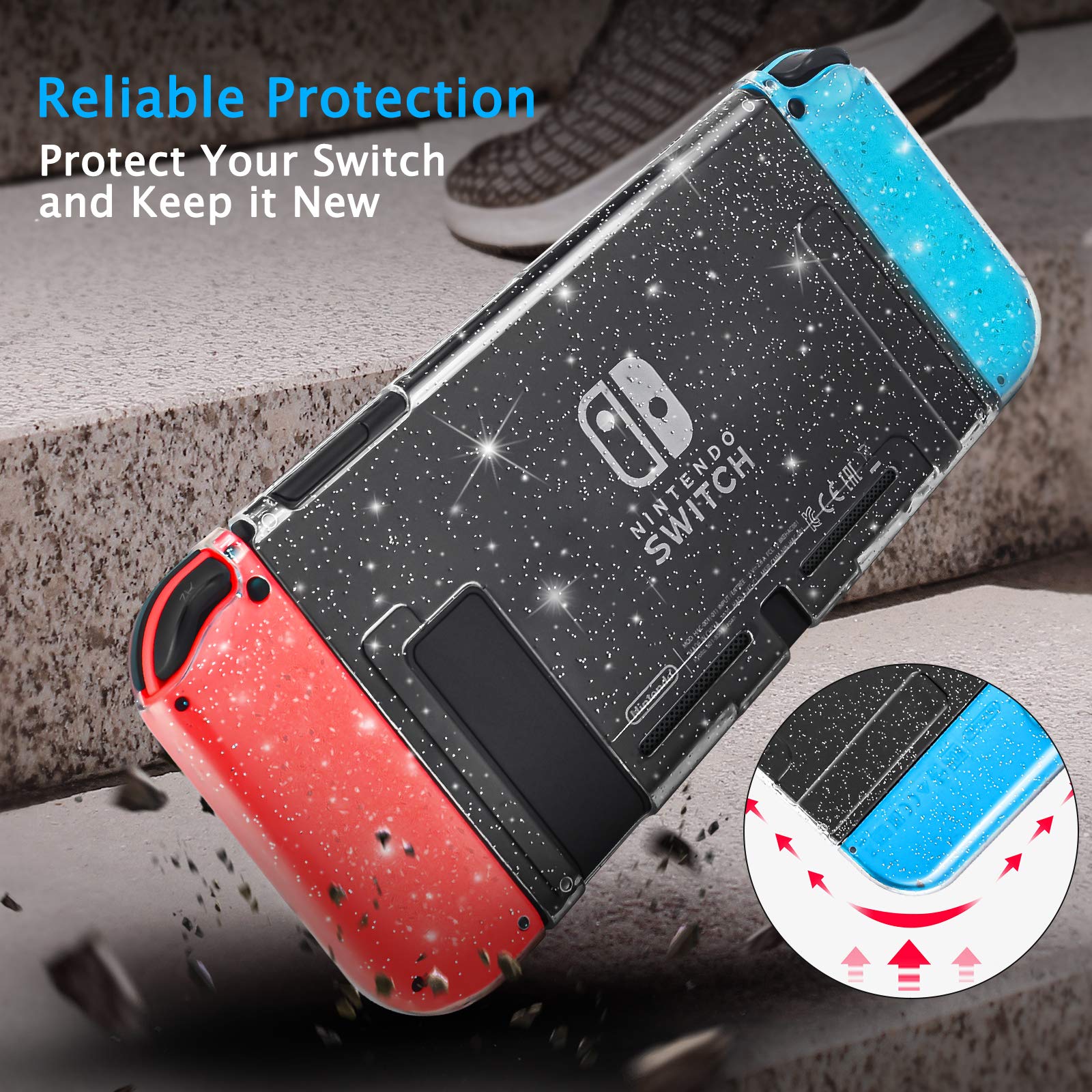 DLseego Crystal Glitter Case Set Design for Switch, Soft TPU Anti-Scratch Clear Protective Cover Shell with 2 Pack Tempered Glass Screen Protectors and 10pcs Colourful Cute Thumb Grip Caps