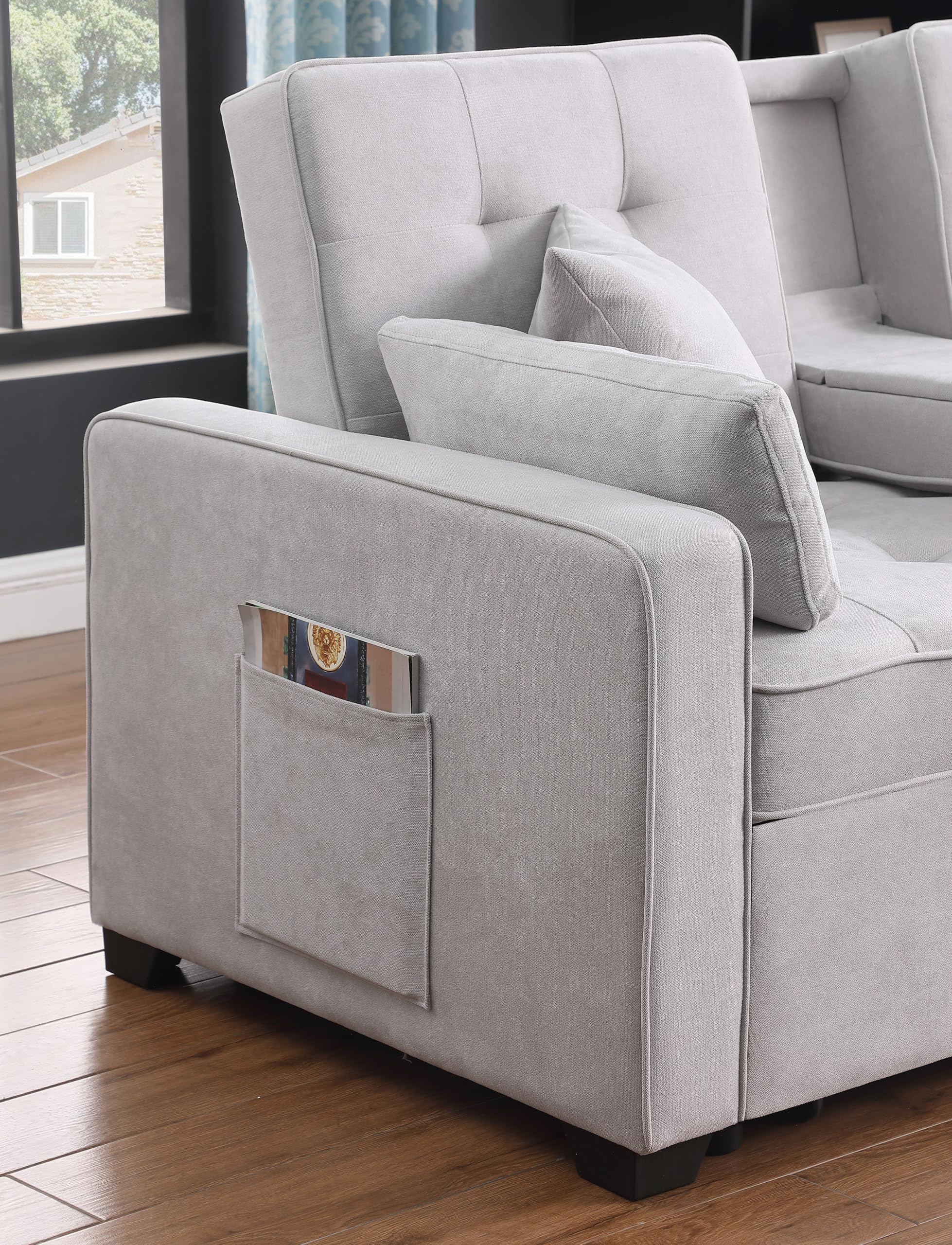 MMTGO 3-Seat Sectional Sofa Set with Storage Ottoman, Cup Holder, USB Port, Magazine Bags, Storaged Armrests, L Shaped Upholstered Couch for Living Room, Compact Space