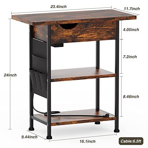 TARKARI Side Table end Table with Charging Station Living Room Narrow end Tables with Storage Bedside Table Flip Top Night Stand USB Ports and outlets Sofa Couch Table for Small Spaces