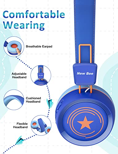 New bee Kids Bluetooth Headphones with Microphone Bluetooth 5.0 Wireless Kids Headphones with 32H Playtime/94dB Volume Limited On Ear Headphones for School/Girls/Boys/iPad/Fire Tablet(Blue)