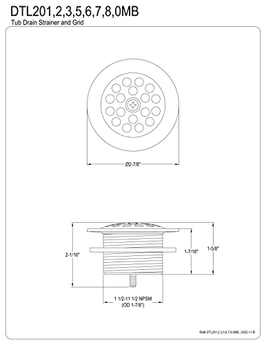 Kingston Brass DTL207 Tub Drain Strainer and Grid, Brushed Brass