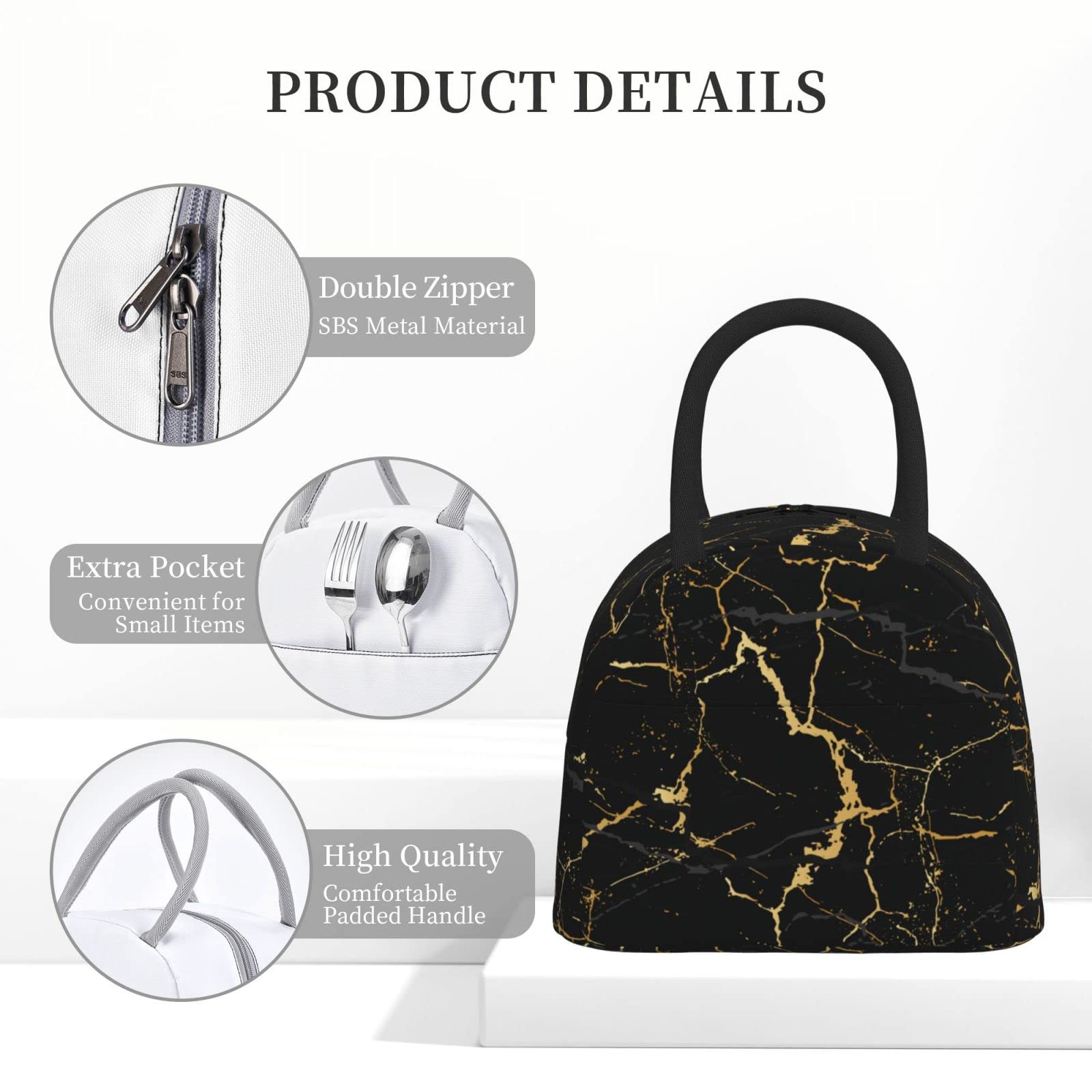 Fiokroo Lunch Bag Insulated Black Marble Texture Lunch Box Marbling Reusable Lunch Tote Bag For School Work College Outdoor Travel Picnic, 10l