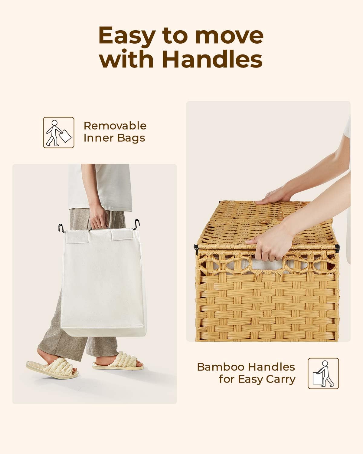 Greenstell Laundry Hamper with Lid and 2 & 1 Removable Liner Bags, No Install Needed, 130L Collapsible Laundry Basket, Wicker Clothes Hamper with Handles, Hamper for Bedroom, Bathroom, Goose Yellow