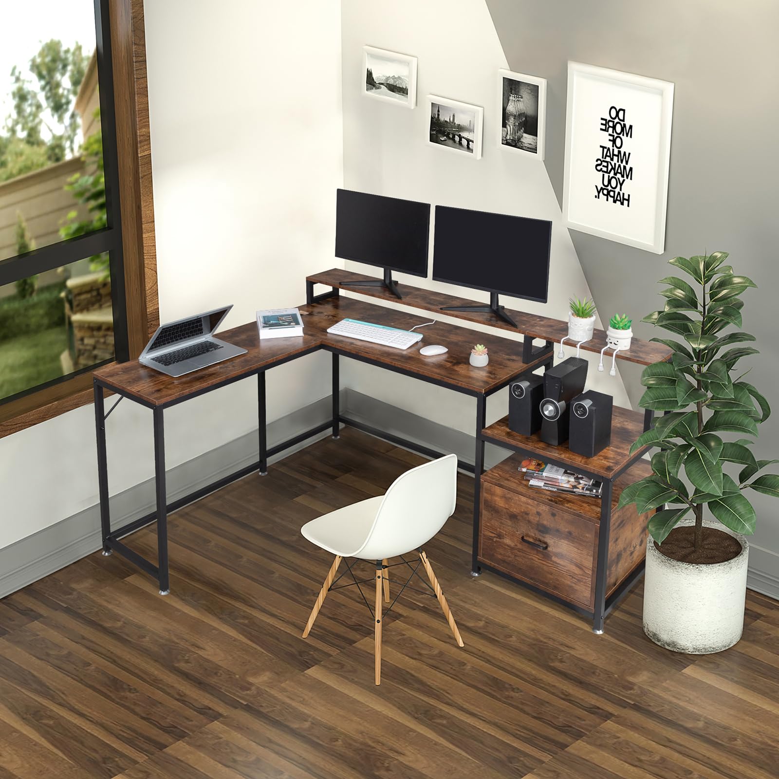 DESIGNSCAPE3D Spacious Retro Wood Grain L-Shaped Computer Desk with File Drawer Cabinet and Wireless Charging