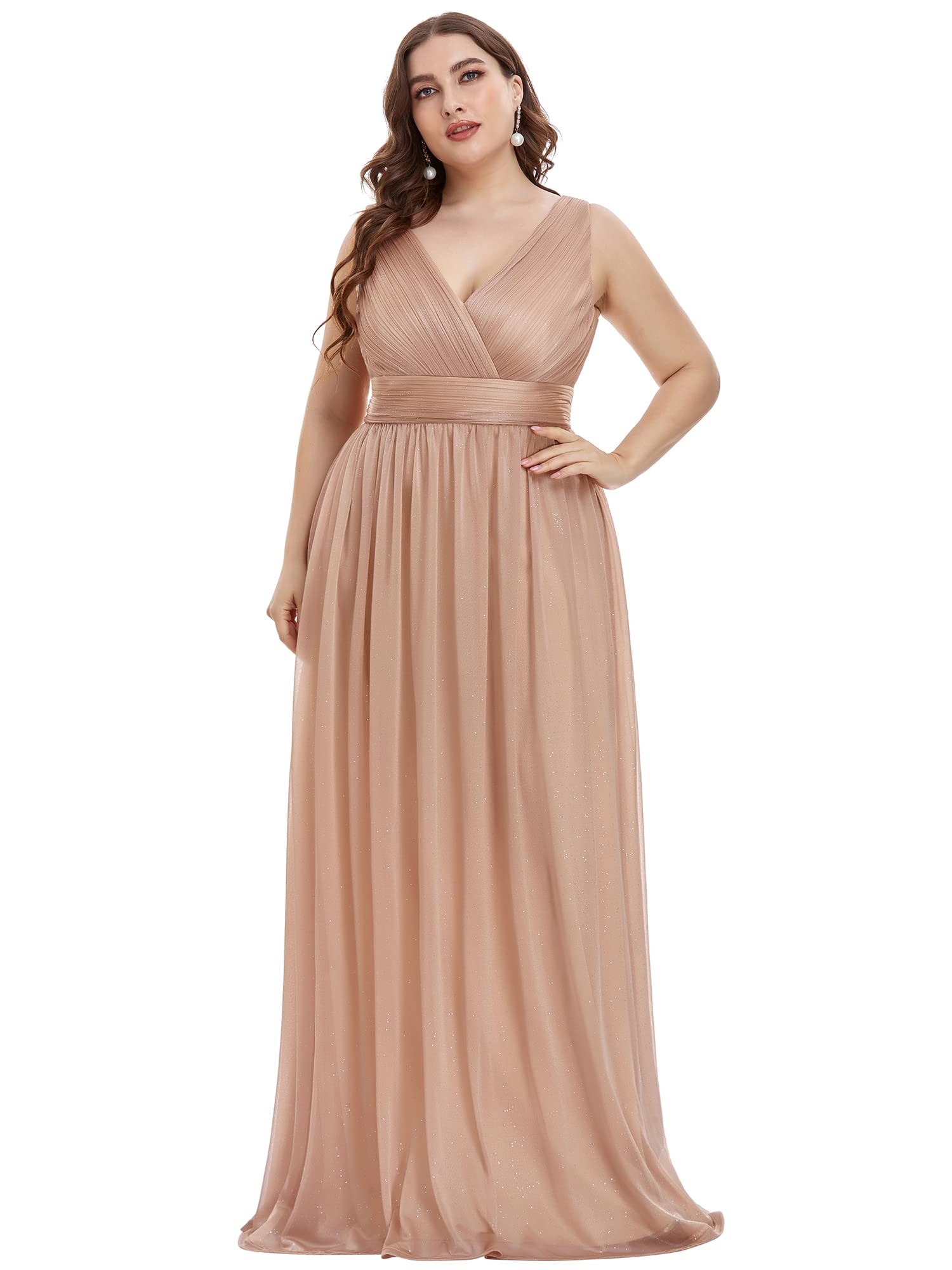 Ever-Pretty Womens Plus Size Ruched Bust Empire Waist Sparkle Stamping V-Neck Mother of The Bride Dress Gold US24