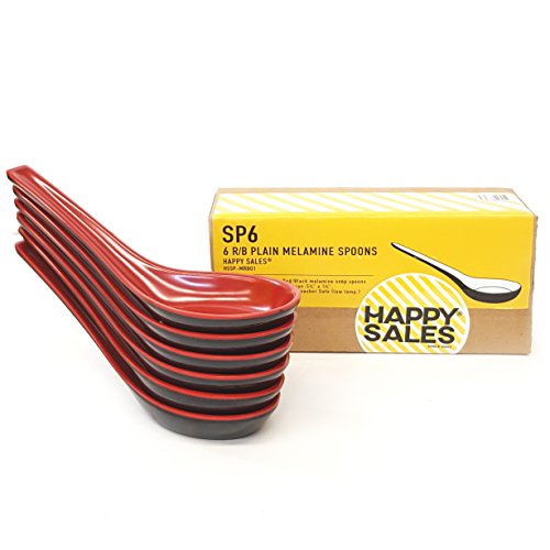 Happy Sales Melamine Soba, Rice Spoons, Chinese Won Ton Soup Spoon, Asian Red and Black, 6 Pack Plain Style