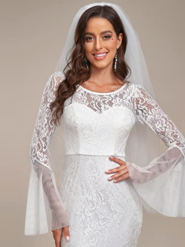 Ever-Pretty Women Custom Curve Charming Open Back Tulle Floor Length Bridal Dress with Long Lace Trian White US30