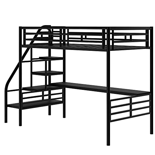 TARTOP Twin Metal Loft Bed with Desk and Stairs for Juniors Heavy Duty Steel Loft Bed for Small Space, No Box Spring Needed,Black