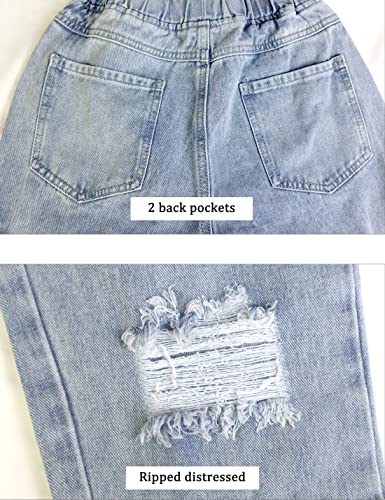 QIBABU Kid Big Girl's Baggy Ripped Jeans Elastic Waist Washed Denim Pants for 8-14 Years(0865-Blue-14Y-QB)