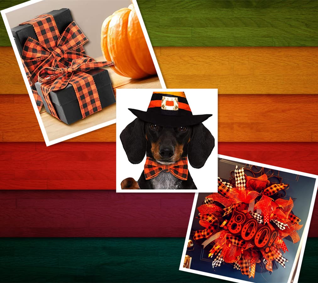 Pumpkin Orange and Black Gingham Buffalo Plaid Ribbon,Thanksgiving Fall Wired Edge Ribbon Halloween Christmas Wrapping Ribbon Wired Craft for Holiday Wrapping, Bow Crafts Decoration