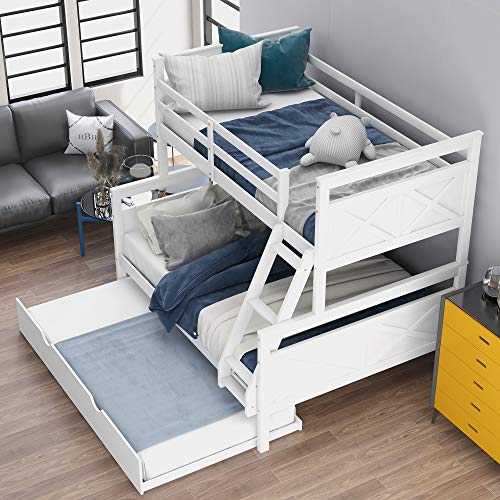 TARTOP Twin Over Full Bunk Bed with Trundle, Solid Wood Bunk Bed Frame with Ladder and Safety Guardrail, for Kids Teens Adults,No Spring Box Needed,White