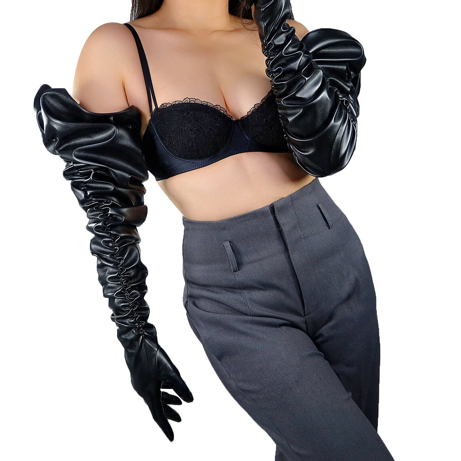 DooWay Fashion Super Long Leather Gloves Black Touchscreen Puff Ruched Sleeve Shoulder Length 40" Oversize Adult Unisex