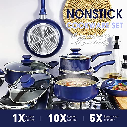 Pots and Pans Set,Aluminum Cookware Set, Nonstick Ceramic Coating, Fry Pan, Stockpot with Lid, Blue,10 Pieces