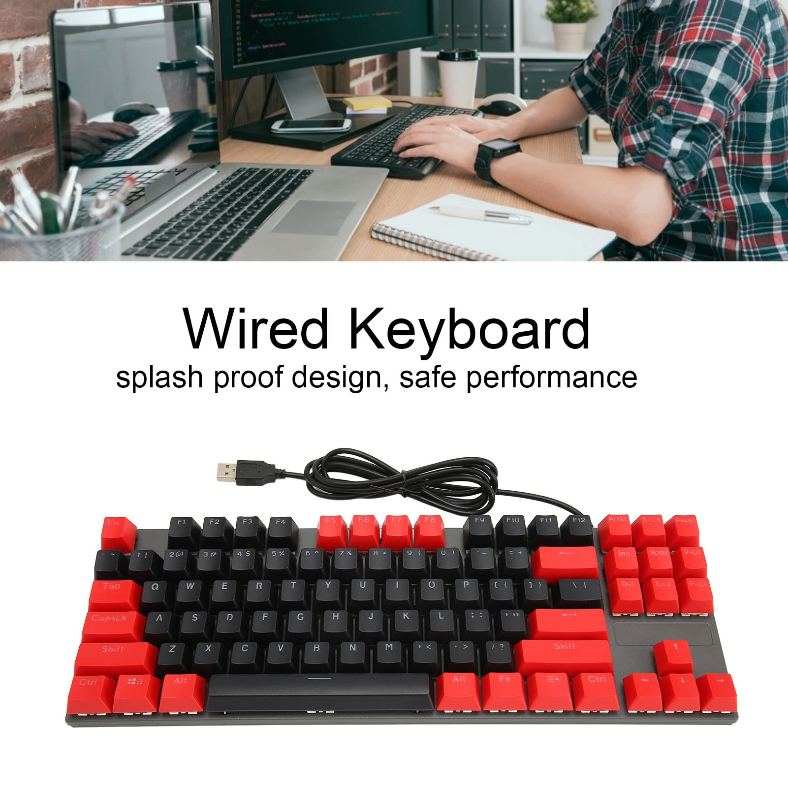 Garsentx Mechanical Gaming Keyboard, 87 Keys Waterproof Blue Switch USB Wired Office Keyboard with RGB Breathing Backlit, Quick Response, for Laptop Desktop PC (Wired Black Red)