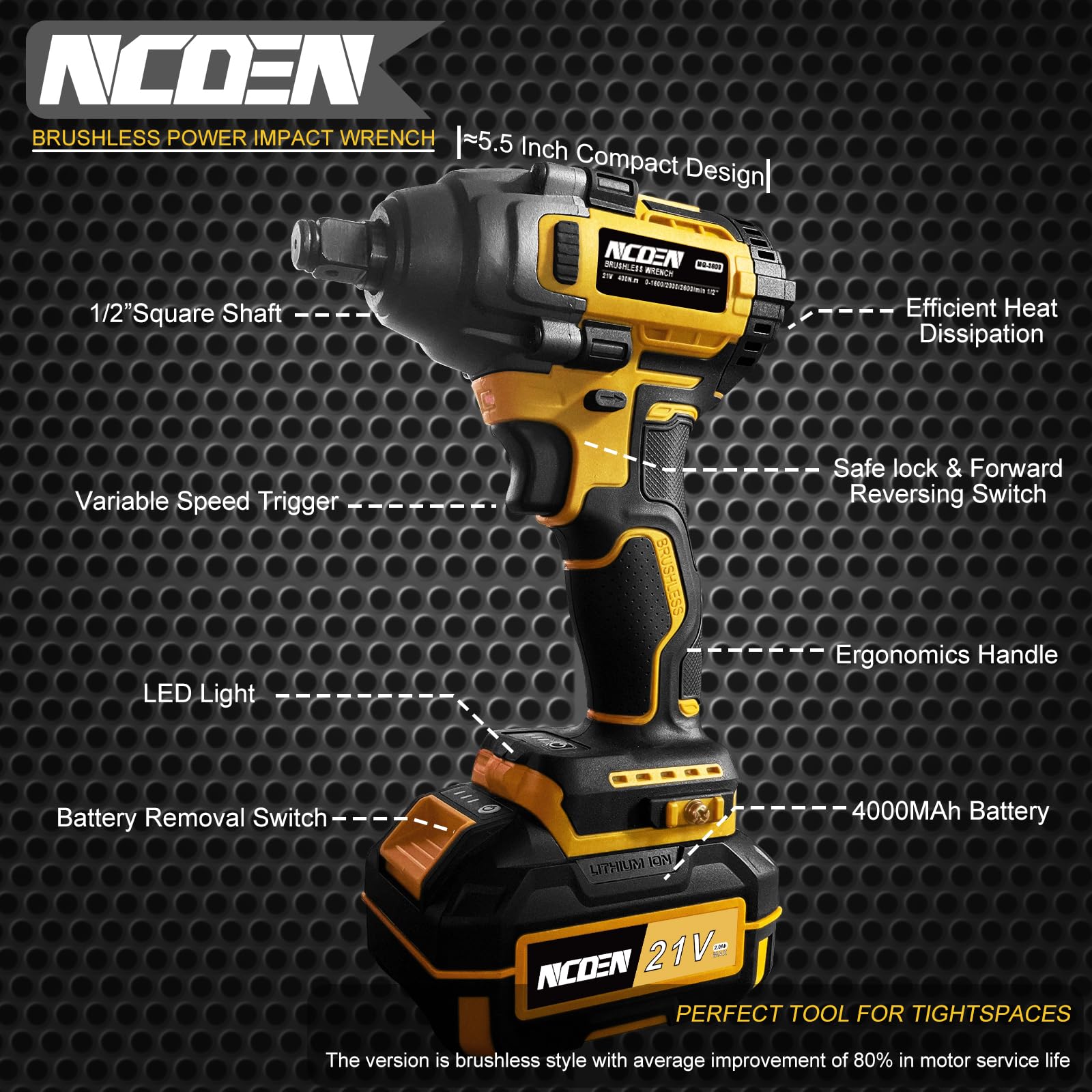 NCOEN 1/2 Impact Wrench Brushless Impact Gun Upgraded 3 in 1 impact Drill bit Variable Speed 2800RPM High Torque with Battery and Fast Charger 4 Sockets with Storage Bags