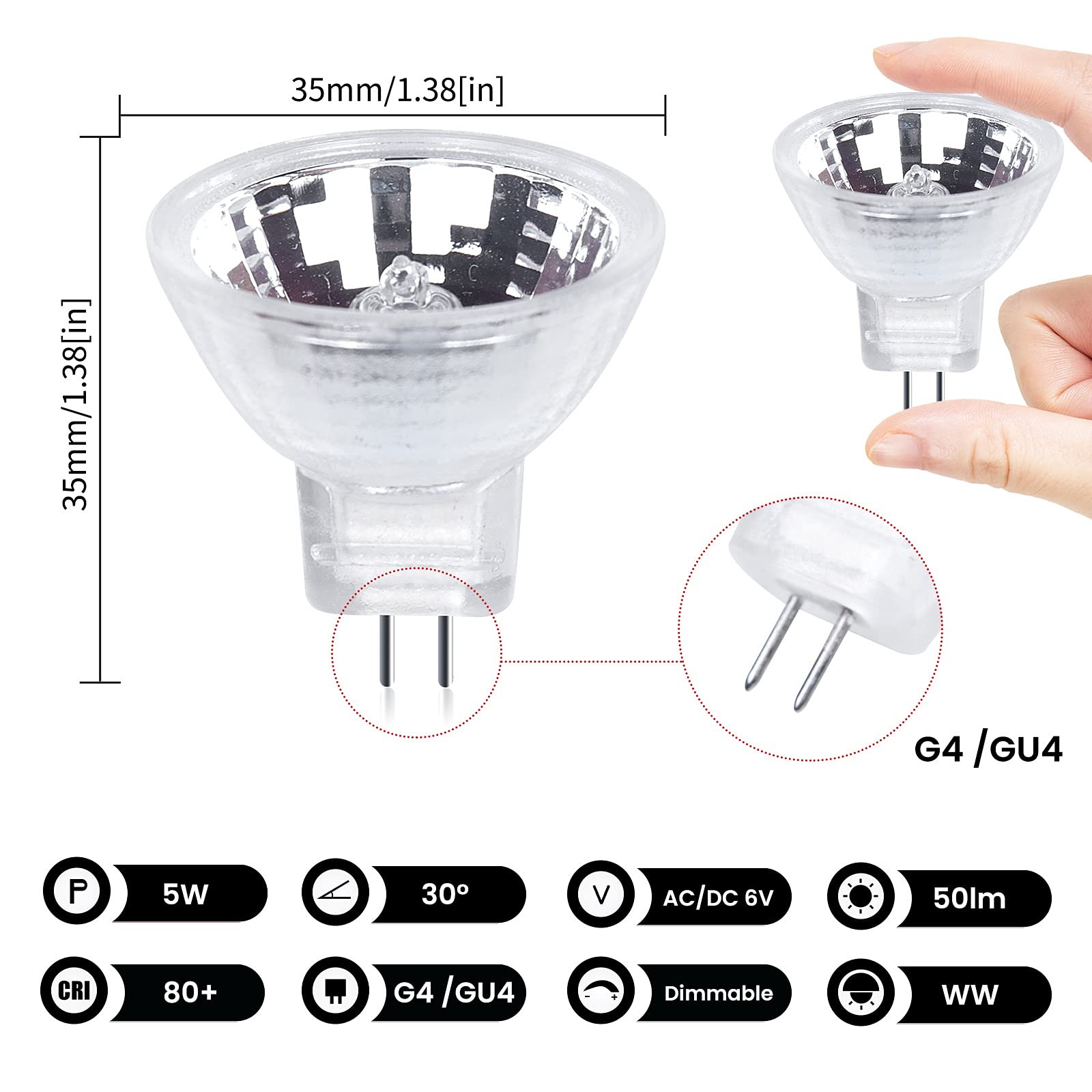 DoRight MR11 Halogen Light Bulbs, 5W AC/DC 6V GU4 Bi-Pin Base Dimmable Reflector 2800K Warm White 35mm Diameter Spotlight Bulbs,5W 6V Fiber Optic Light Bulb,Pack of 8