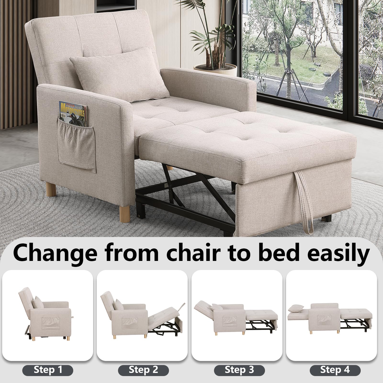 Keainvren Sleeper Chair Bed Convertible Chair Bed Sleeper Pull Out Sofa Bed with Adjustable Backrest Linen Fabric Convertible Chair to Bed with Side Pocket for Living Room, Apartment-Beige