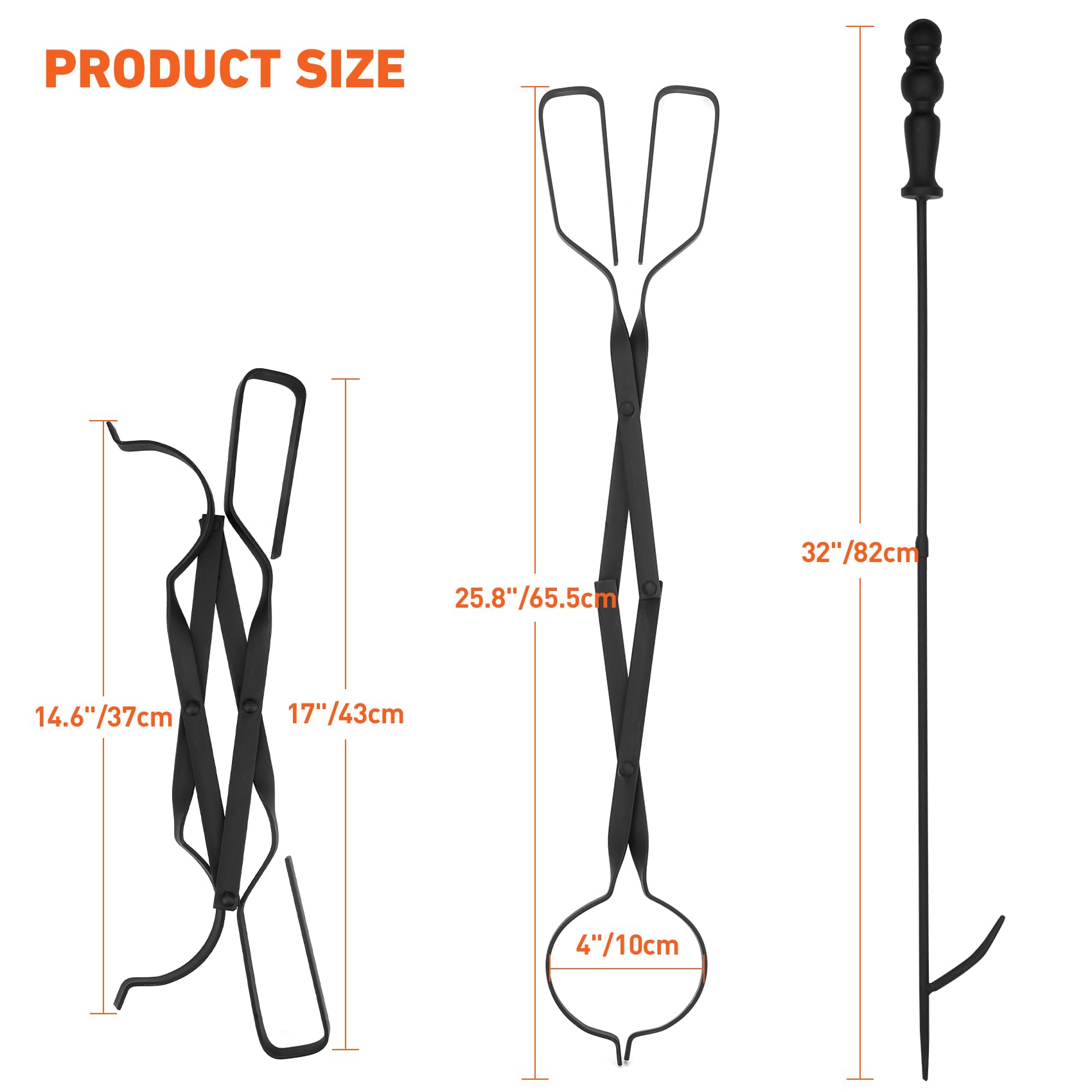 Heavy Duty 32 inch Long Campfire Bonfire Poker Stick 25 Inch Fireplace Tong with Travel Bag, Fire pit Wood Stove Accessories Tools Log Grabber, Rust Resistant, Black Finish for Indoor and Outdoor use