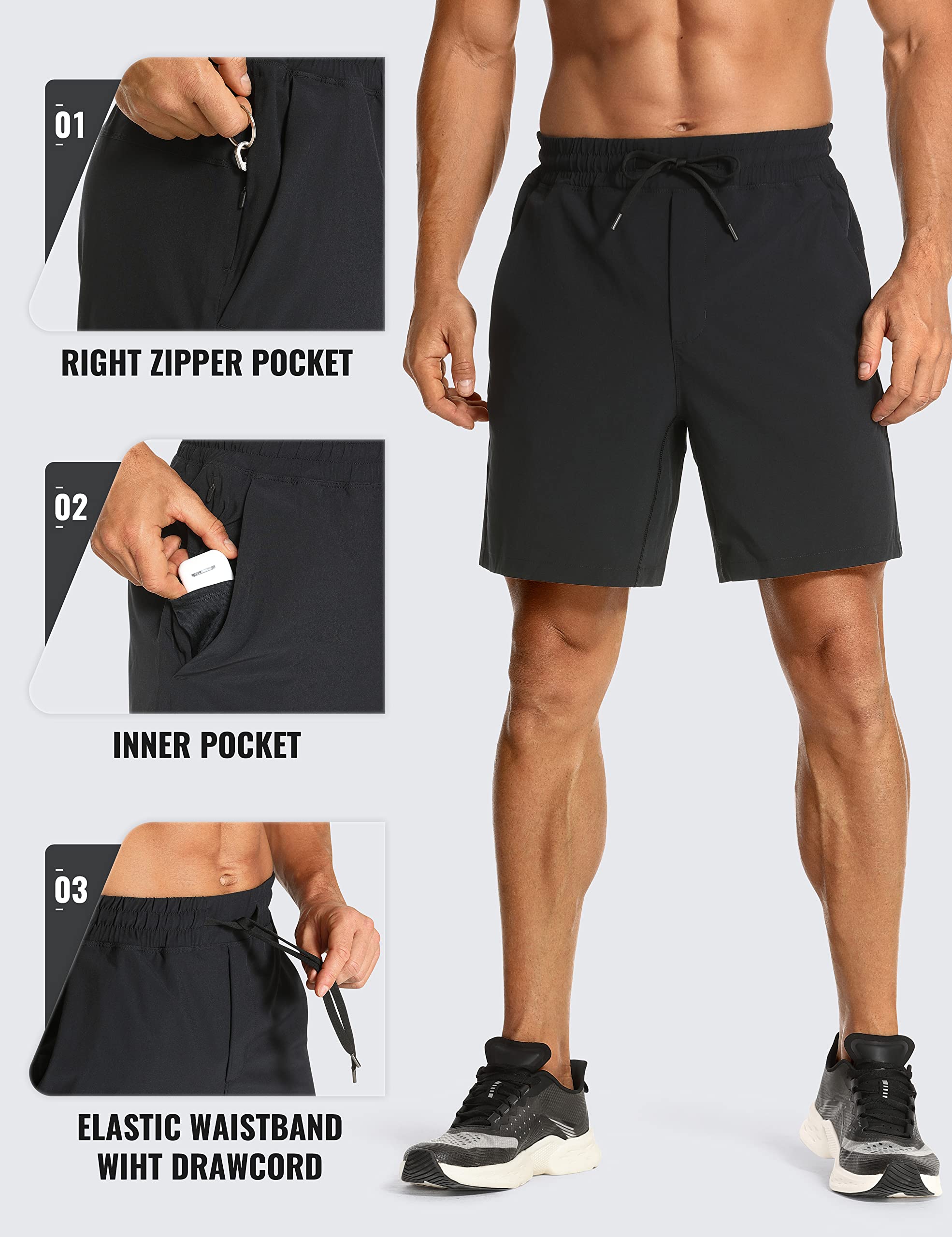 CRZ YOGA Men's Linerless Workout Shorts - 7'' Quick Dry Running Sports Athletic Gym Shorts with Pockets Black Large