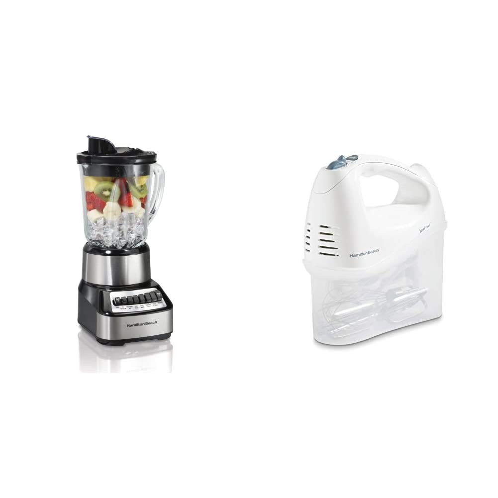 Hamilton Beach Wave Crusher Blender with 40oz Glass Jar & Beach 6-Speed Electric Hand Mixer with Snap-On Storage Case, Wire Beaters, Whisk and Bowl Rest, 250W, White (62682RZ)