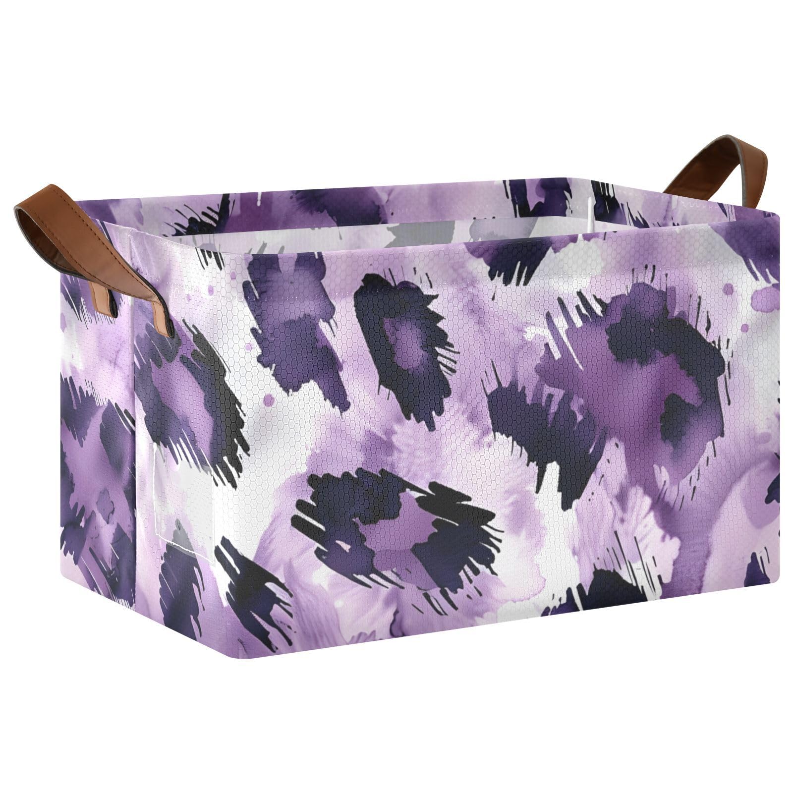 HOMONAW Rectangular Closet Storage Bin Purple Leopard Print Storage Baskets with Handles Collapsible Closet Shelf Organizer for Clothes, Toys, Towel, Home, Bedroom, Office