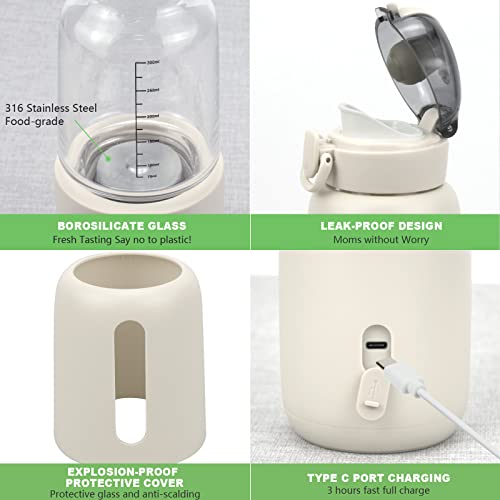 Voraiya® Portable Water Warmer, Rechargeable Bottle Warmer for Formula, Breastmilk, Baby Milk, 300ml, Smart Baby Flask with Precise Temp Control, Wireless Bottle Warmer for Car, Travel, Outdoor(white)