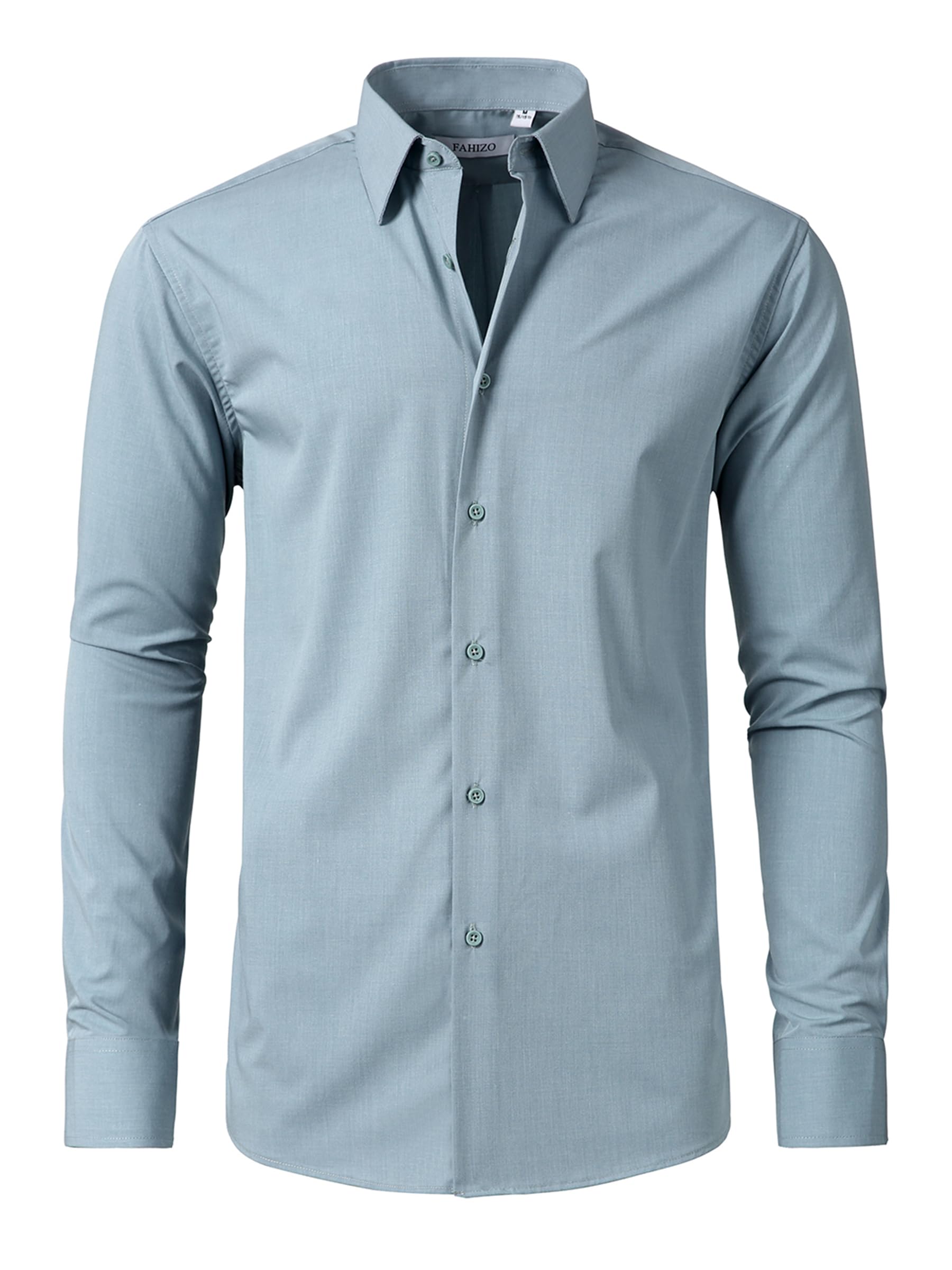 FAHIZO Men's Dress Shirt Casual Regular Fit Stretch Soild Long Sleeve Button Up Shirts, Grey Green-L