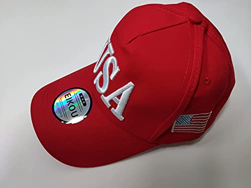 EIKOU RED USA Baseball Cap Polo Style Embroidered Dad Hat Adjustable American Flag for Men and Women（Come with The Flag Necklace）