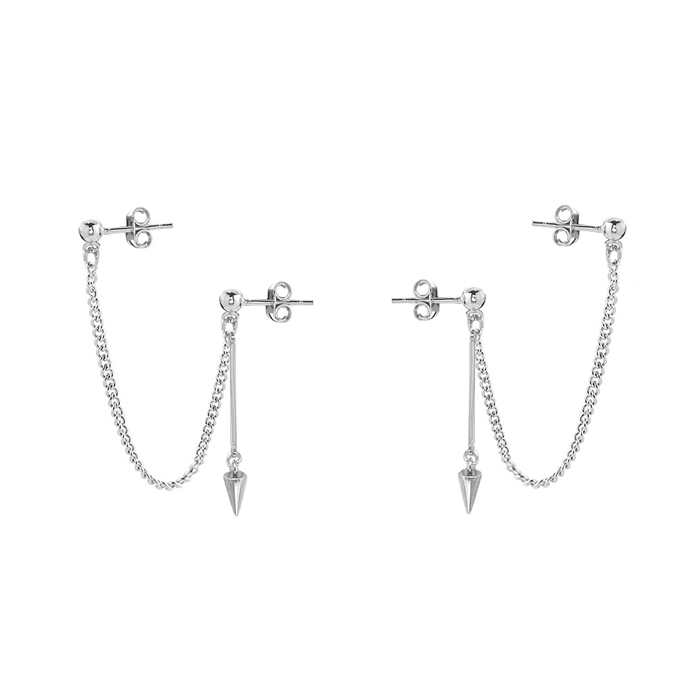 Double Ball Spike Piercing Chain Minimalist Dangle Drop Stud Cuff Earrings for Two Holes Men Women Boys 2nd Ear Cartilage Stainless Steel Fashion Punk Climber Crawler Threader Tassel Dangling Hypoallergenic Gifts for Birthday Bff