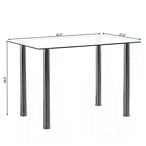 Karl home Modern Tempered Glass Dining Table, Kitchen & Dining Room Glass Tables with 4 Heavy-Duty Metal Legs, 200lbs Capacity, 43.3" L x 27.6" W x 28.9" H (Glass)